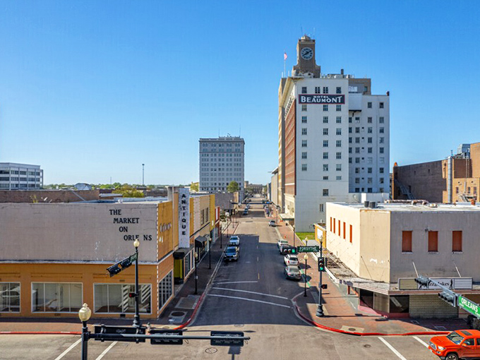Historic buildings line Beaumont's downtown streets, where industrial grit meets unexpected elegance like a steel worker in a tuxedo.