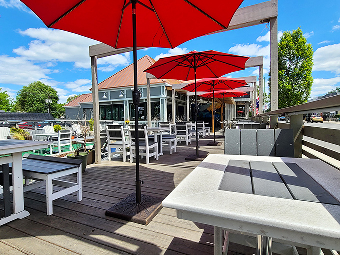 That spacious deck practically begs for afternoon burger sessions. Burger Bach's red umbrellas provide the perfect shade for savoring their international flavors.