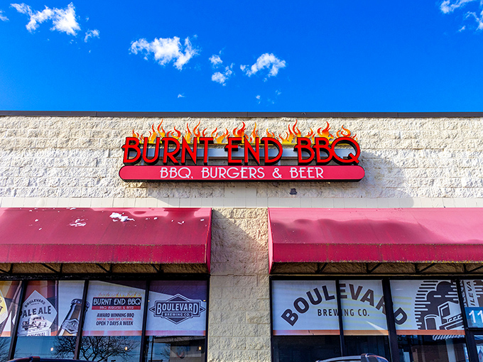 The bright Burnt End BBQ sign promises exactly what Kansas BBQ lovers crave &ndash; meat transformed by time and smoke.