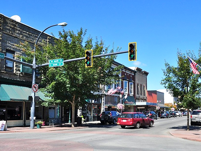 The heart of Centralia welcomes visitors with American flags and storefront awnings that haven't changed in decades.