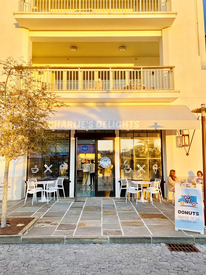 Those pristine white tables outside Charlie's are about to meet their match – gloriously messy, finger-licking good donuts.