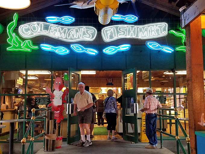 Coleman's entrance with people: "The line forms here for legendary fish sandwiches. Some things are worth the wait&mdash;this is one of them."