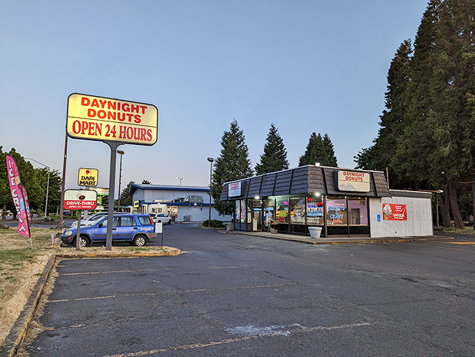 That classic A-frame roof and "OPEN 24 HOURS" promise &ndash; Daynight Donuts understands that donut time is anytime. 