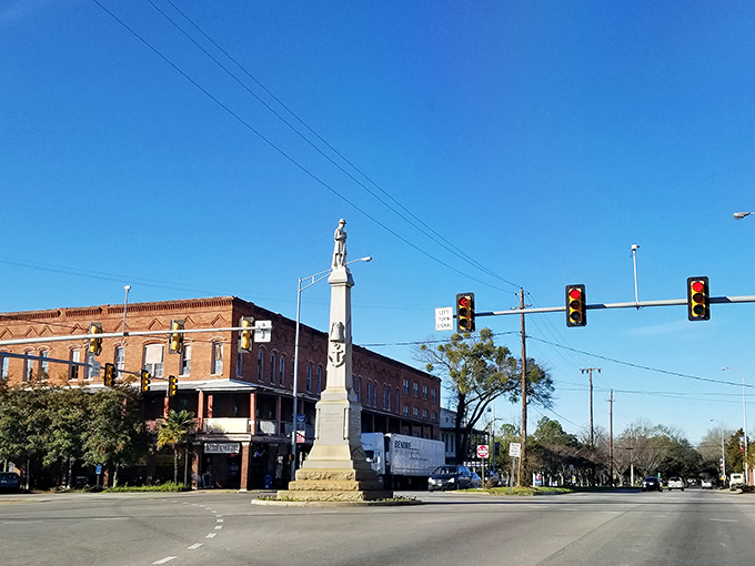 Eufaula's downtown square, where the Confederate monument stands as a complex reminder of the South's layered history.