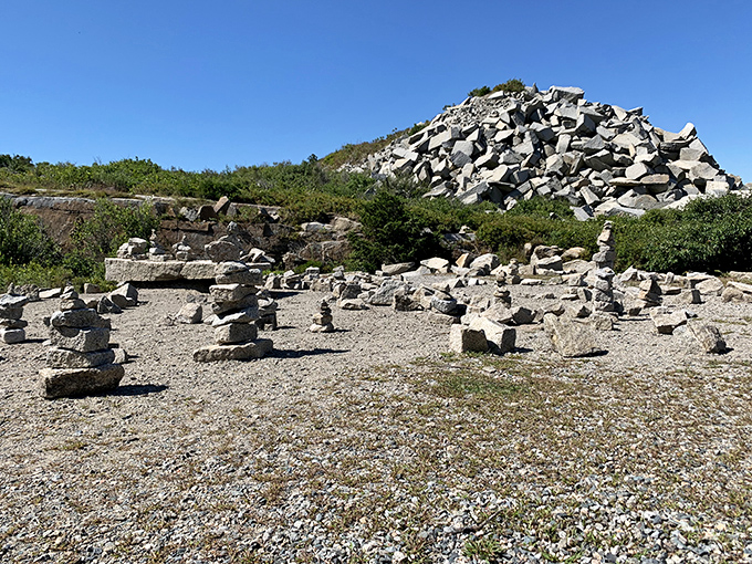 Nature's rock garden at Halibut Point showcases granite sculptures crafted by time, with the vast blue Atlantic as backdrop.