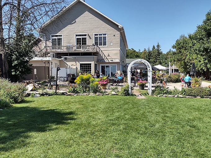 Harbor Fish Market: Garden path leading to seafood paradise. This flower-lined entrance promises a meal as beautiful as its surroundings.