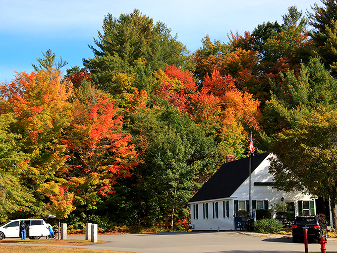 Fall foliage frames this white chapel perfectly &ndash; making even non-believers consider attending a Sunday service just for the view.