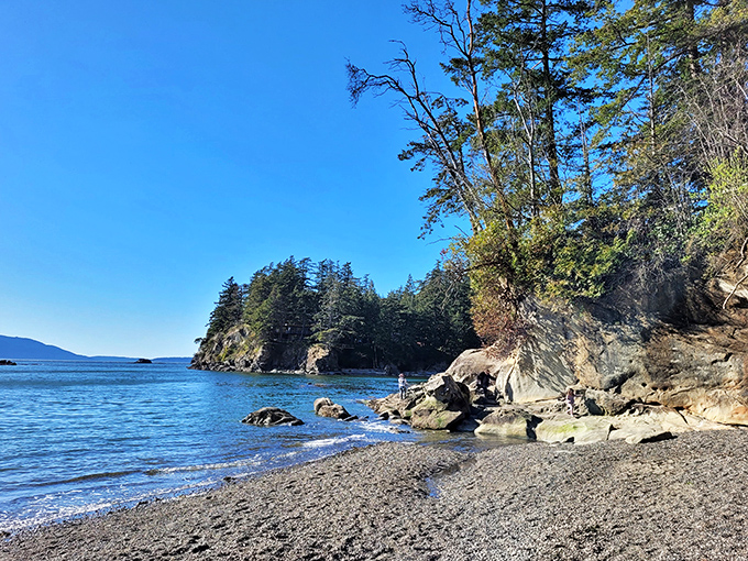 Glassy waters meet rugged coastline in this hidden cove that feels worlds away from everyday worries.