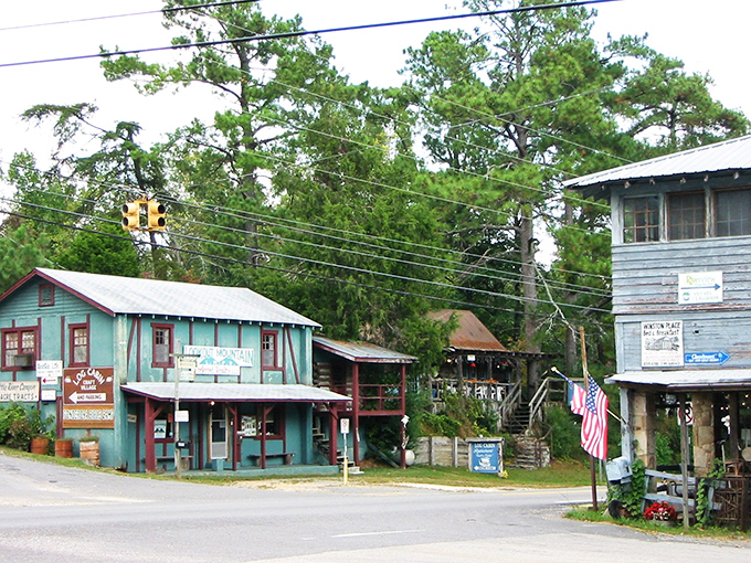 Simple wooden buildings and mountain vibes define Mentone's laid-back charm—a place where "rush hour" means three cars at the stop sign.