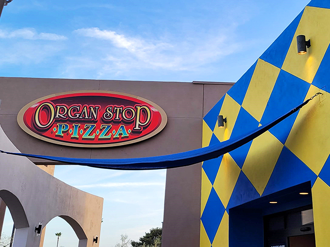 The bold sign against that distinctive checkered fa&ccedil;ade &ndash; where dinner comes with music that fills your soul.