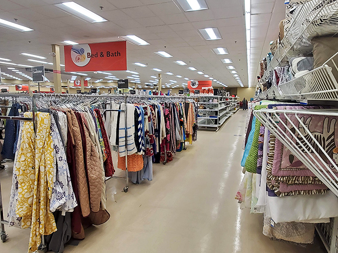 Inside this thrifter's paradise, endless racks of potential stretch toward the horizon like a sea of second chances.