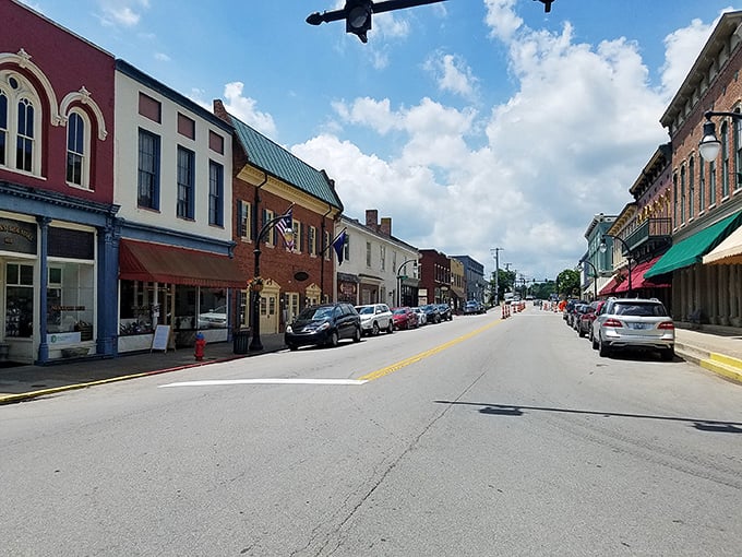 The pizzeria sign hints at modern flavors, but Stanford's historic buildings remind us of a simpler, more neighborly time.