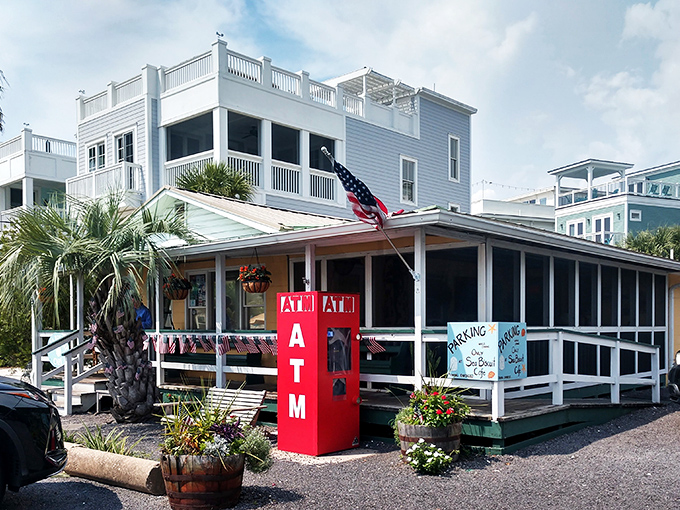 That quirky red ATM sign and American flag give The Seabiscuit character &ndash; before you even taste their legendary shrimp and grits.