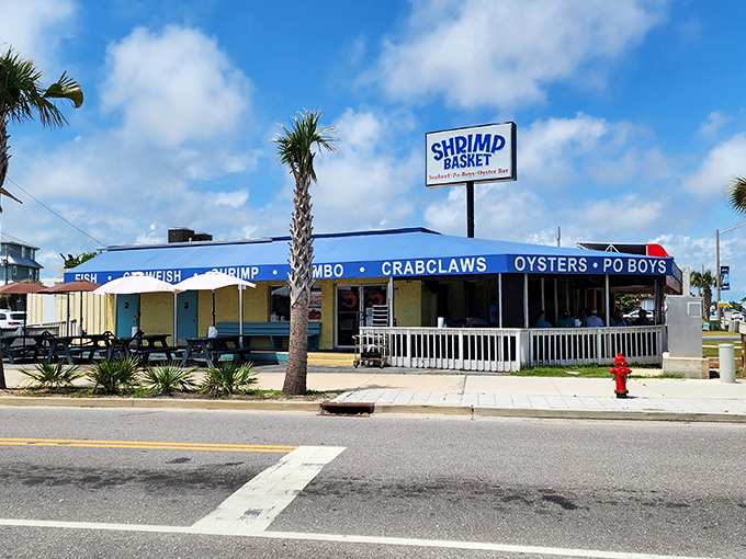 The Shrimp Basket's straightforward blue and white exterior tells you everything you need to know &ndash; no fuss, just fantastic seafood.