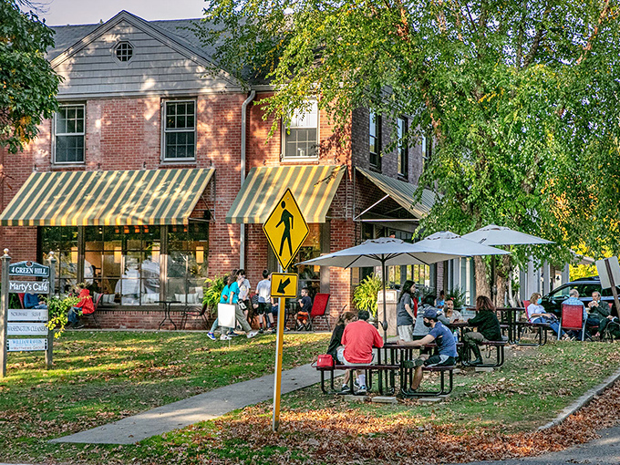 Springtime in Washington brings colorful storefronts to life against the backdrop of Connecticut's rolling hills.