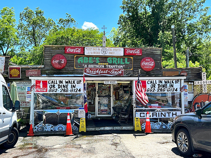 Abe's Grill screams "authentic roadside Americana" with its weathered wood exterior and Coca-Cola signs &ndash; the kind of place where breakfast legends are born. 