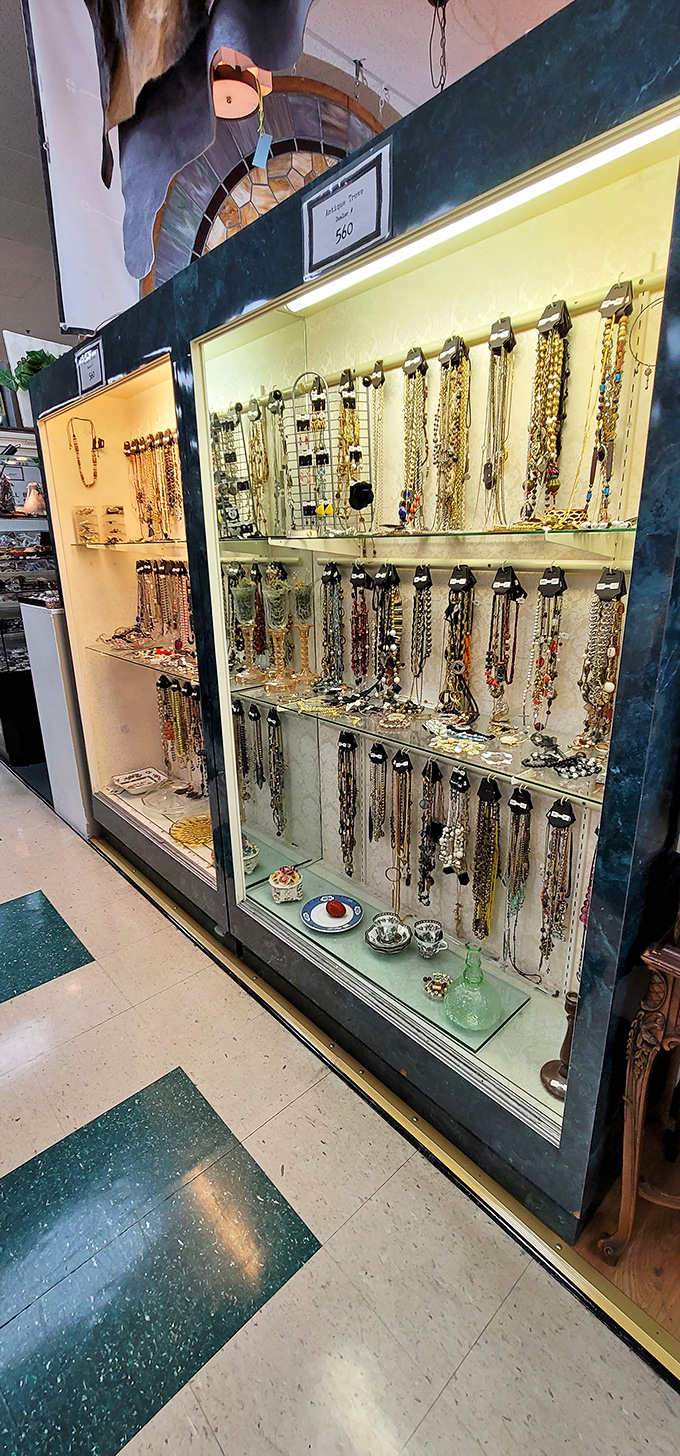 Jewelry displays that would make Elizabeth Taylor pause mid-sentence. These aren't just accessories; they're conversation pieces with previous lives.