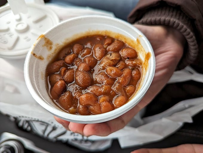 Baked beans that have clearly been hanging out with the brisket and absorbed all the right life lessons about flavor and depth.