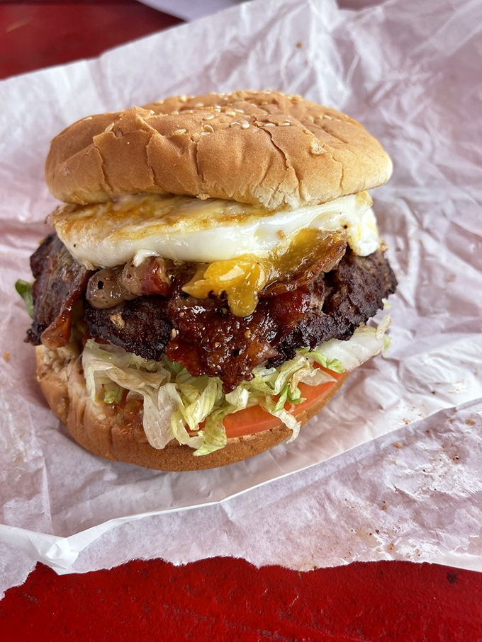 Breakfast meets lunch in this handheld miracle. The bacon and egg cheeseburger solves the eternal question: "Why choose between meals when you can combine them?"