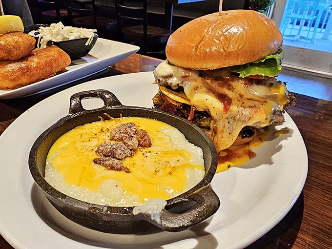 This burger isn't just a meal&mdash;it's a declaration of deliciousness with a side of bubbling cheese grits that would make a Southerner weep.