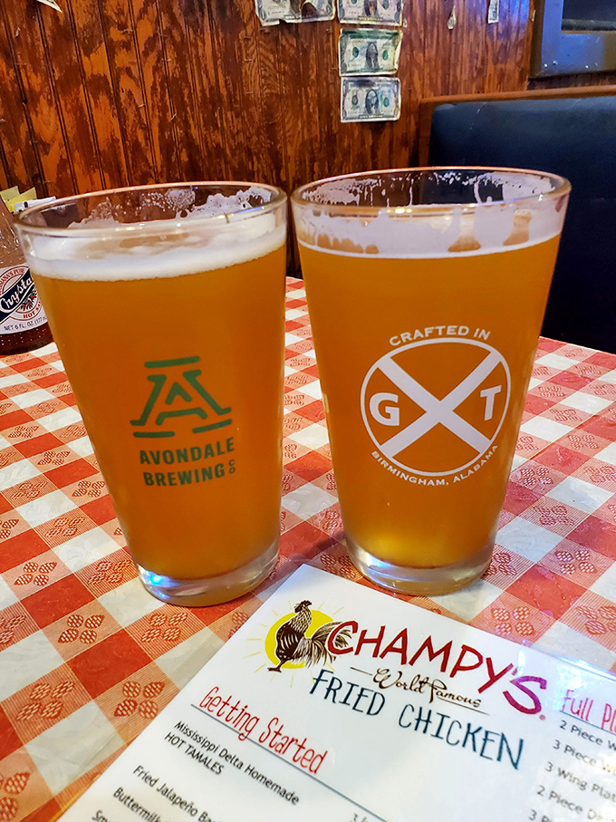 Local brews in proper pint glasses atop that iconic red-checkered tablecloth. Beer was invented for moments&mdash;and meals&mdash;exactly like this.