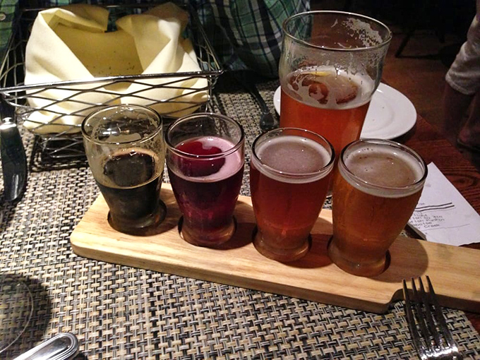 A flight of craft beers arrives like a liquid rainbow&mdash;from dark stout to amber ale to golden lager&mdash;each telling its own delicious story.
