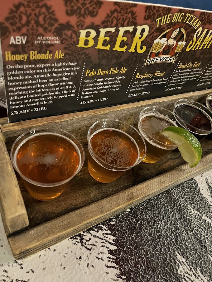 The beer flight offers liquid courage for those contemplating the 72-ounce challenge—each sample a different shade of "you might need this."