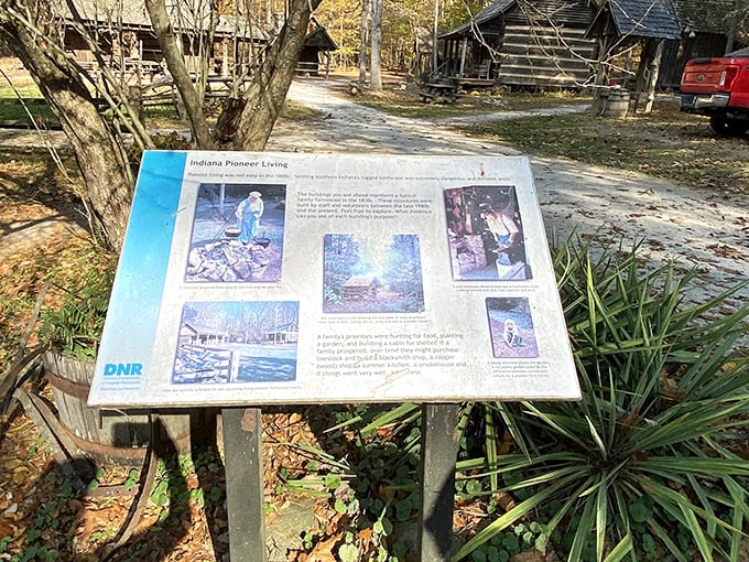 Educational signage reveals the rich pioneer heritage of the area, turning a simple hike into a walk through living history.