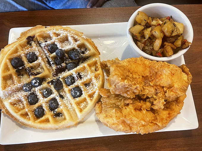 Blueberries nestled in golden grid pockets like tiny flavor bombs waiting to explode. Paired with crispy chicken, it's the breakfast of champions.