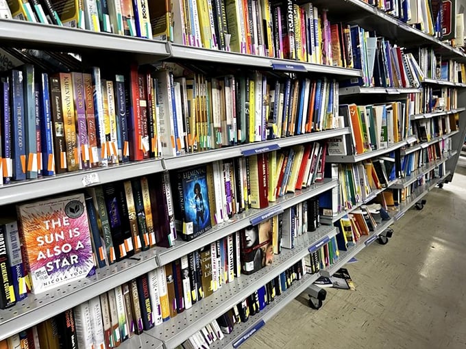 Literary treasures await between these shelves, where dog-eared paperbacks share space with hardcover gems—all patiently waiting for their second chapter.