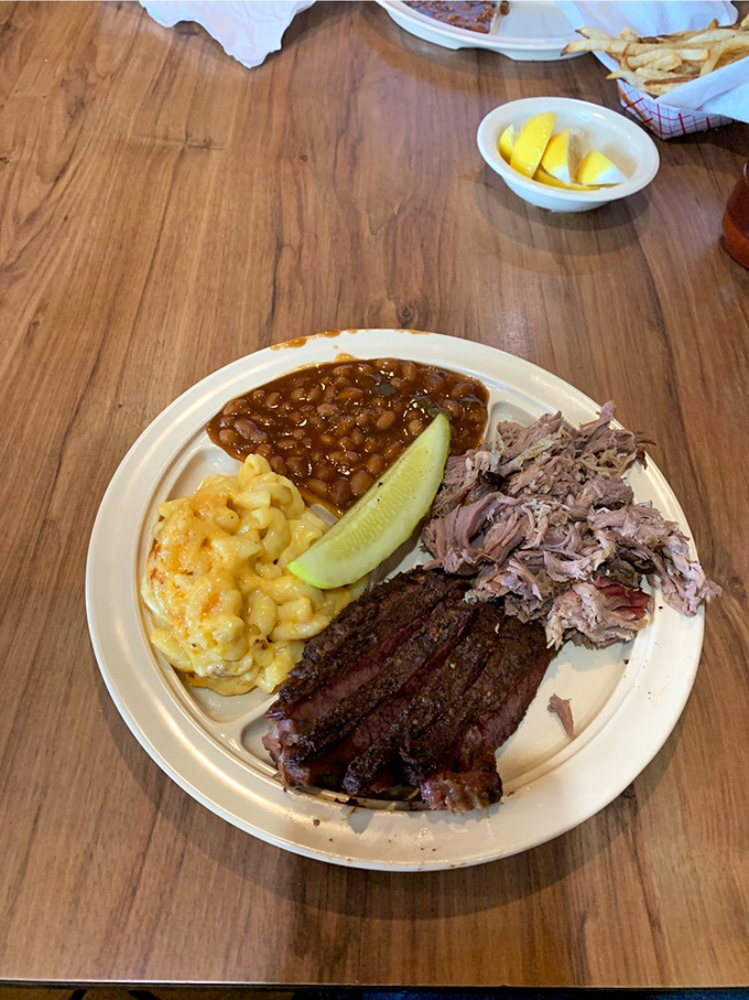 The barbecue sampler plate: where decisions are made for you, and they're all correct. Mac and cheese that creamy should be illegal in at least nine states.