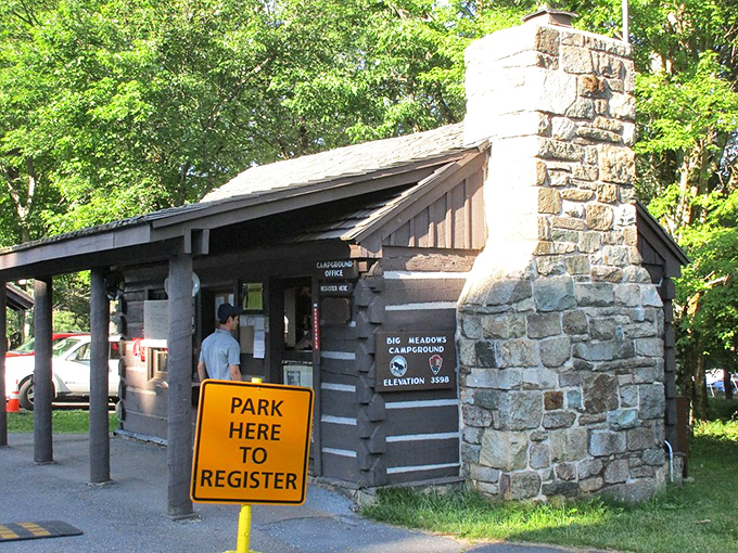 The rustic registration cabin: like checking into a five-star hotel, if that hotel were made of logs and surrounded by wilderness instead of bellhops.