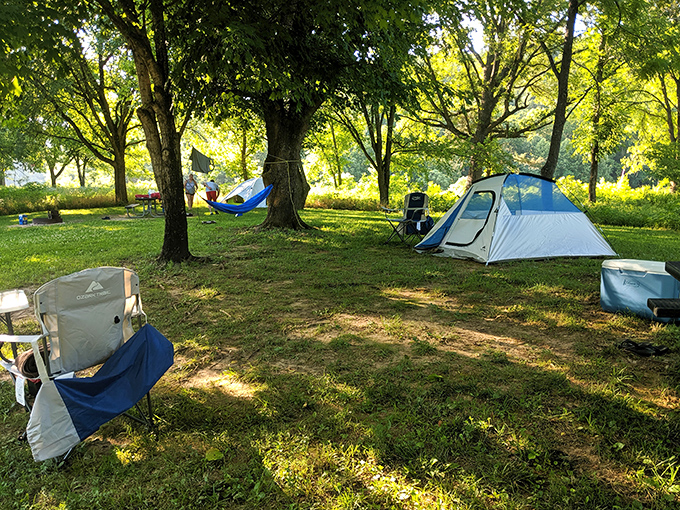 Tent camping under the dappled shade &ndash; where the most pressing notification is deciding when to roast marshmallows for s'mores.