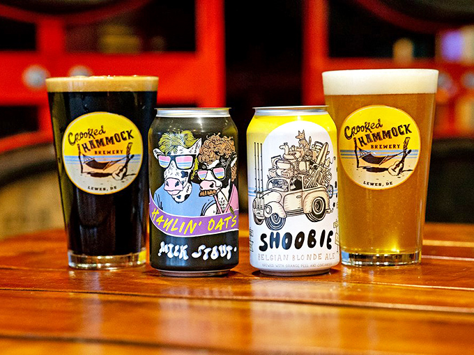 Craft beer packaging as art form &ndash; these cans aren't just containers, they're personality statements with names like "Shoobie" that tell Delaware stories.