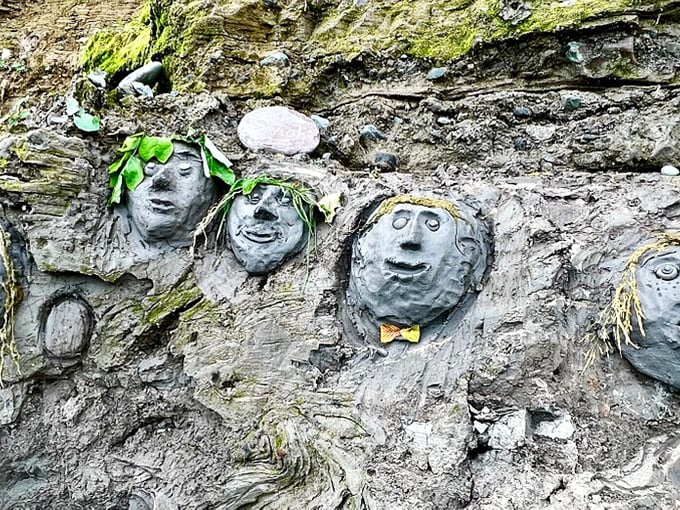 Someone turned these clay formations into whimsical faces, proving art can happen anywhere &ndash; even on the side of a 12,000-year-old drumlin.