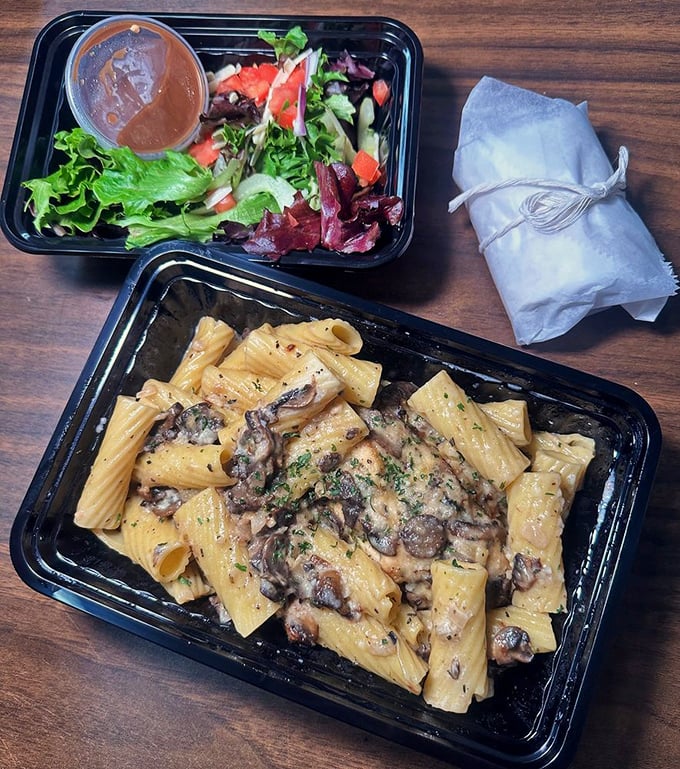 The perfect pairing: Garden-fresh salad bringing brightness while mushroom-laden pasta delivers deep, soul-satisfying richness. Balance achieved.