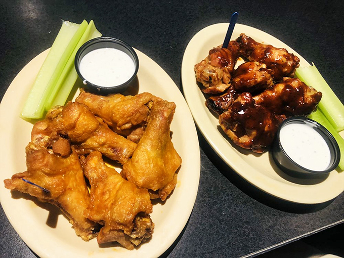 Wing perfection in two distinct styles&mdash;one crispy, one saucy. The Switzerland of the eternal buffalo wing debate: neutrally delicious.