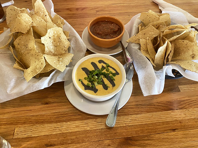 Molten cheese dip surrounded by a fortress of tortilla chips. The kind of appetizer that makes you forget your dinner reservation elsewhere. 