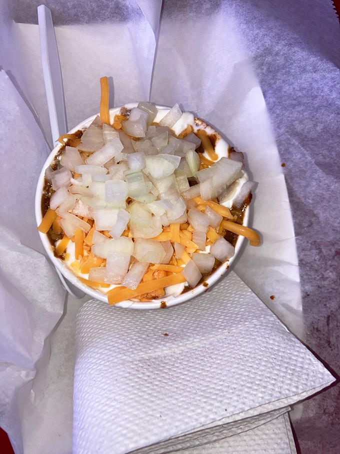 Not just chili, but a bowl of comfort that makes Midwest winters bearable. The diced onions add that perfect crunch counterpoint.