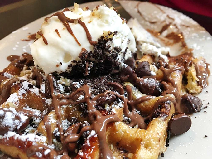 Chocolate, whipped cream, and waffle unite in a dessert that makes you question why we don't start every day with something this magnificent.