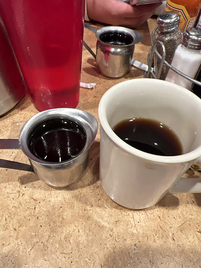 The coffee comes in sturdy mugs with metal creamers on the side &ndash; no fancy foam art needed when the brew speaks for itself.