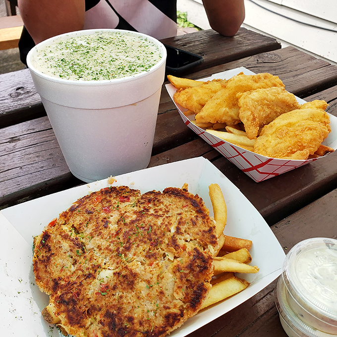 The perfect tray doesn't exi&mdash; Oh wait, here it is! Crispy crab cake, golden fries, and chowder&mdash;the holy trinity of coastal comfort food.