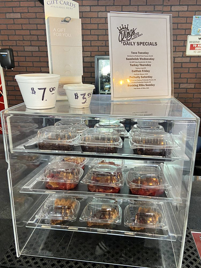 Daily desserts await behind glass like sweet treasures. Notice the daily specials board &ndash; Taco Tuesday is when barbecue gets a south-of-the-border twist.