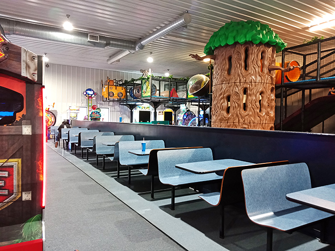 Refueling station with a touch of whimsy. These blue chairs have witnessed countless victory celebrations and strategic planning for arcade domination.