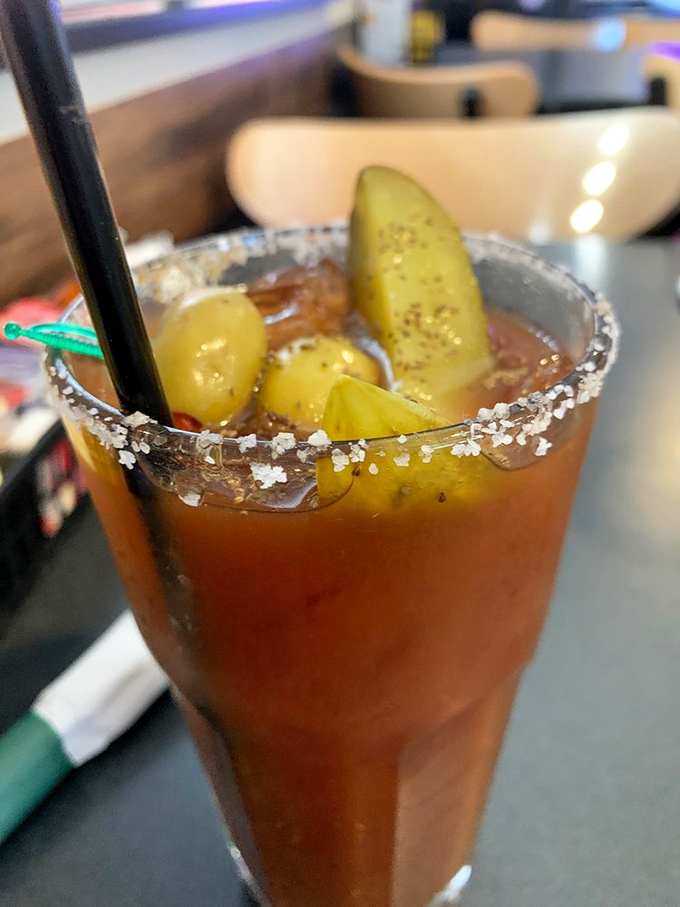 A Bloody Mary garnished with pickles and sporting a salt rim. Breakfast of champions&mdash;or at least their more interesting friends.