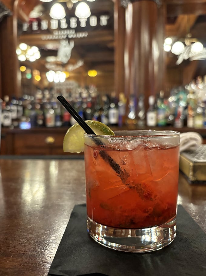 Cocktail o'clock in cowboy country! This ruby-red concoction is what happens when sophisticated mixology meets Western hospitality.