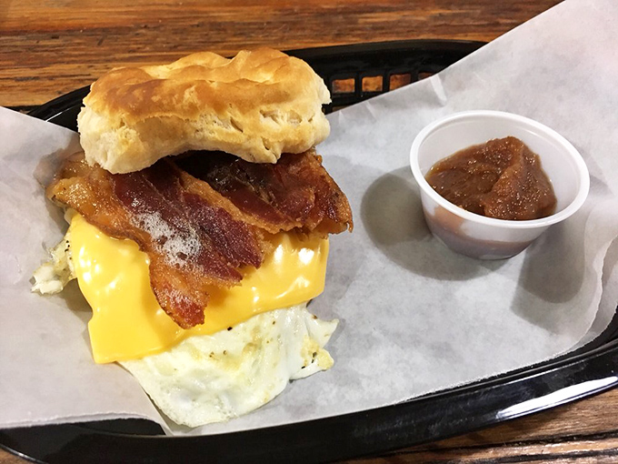 Breakfast sandwiches are the unsung heroes of the culinary world. This egg, cheese and bacon masterpiece on a biscuit deserves its own cape.