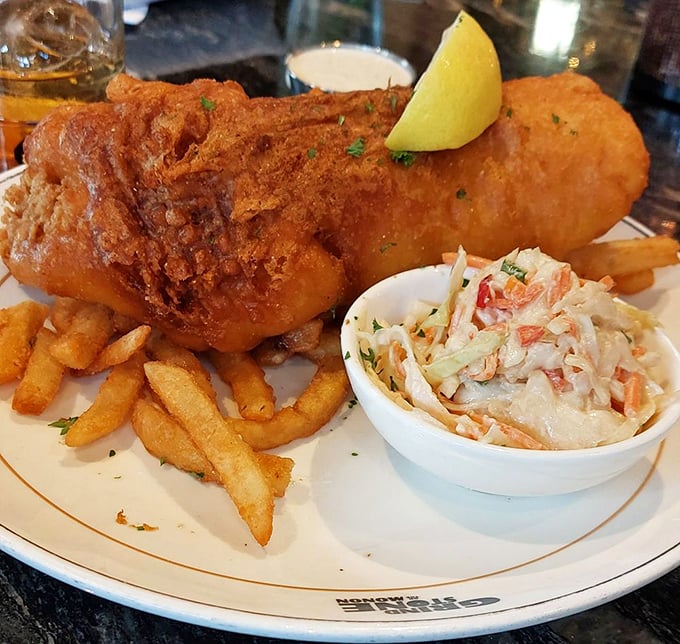 Fish and chips that would make a British pub proud. That golden batter crackles with each bite like nature's perfect ASMR soundtrack.