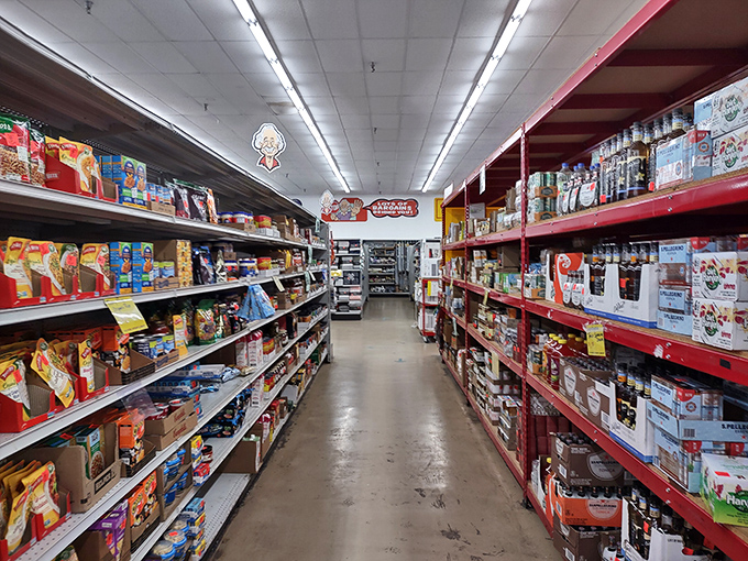 Grocery gold mine! Name-brand cereals and pantry staples line these shelves, proving that smart shopping doesn't mean sacrificing your favorite foods.