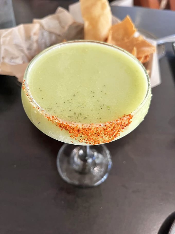 This avocado margarita with its spicy rim isn't just a drink&mdash;it's what happens when guacamole dreams of a more exciting life.